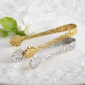 2Pack Rose Handle Sugar Tongs, Vintage Rose Relief Stainless Steel Ice Cube Clips Sugar Tongs Sliver and Gold Small Food Clips for Tea and Coffee Party, Appetizers Desserts Kitchen Barware