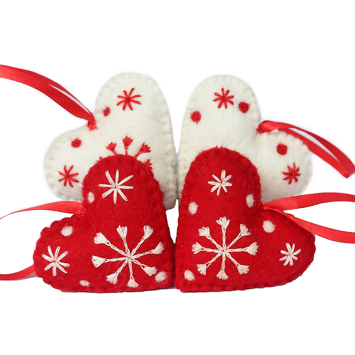 Hearts Christmas Ornaments Set of 4-Snowflake 100% Pure New Zealand Wool Handmade Eco-Friendly Valentine's Day Decor Shower Nursery Decoration Fair Trade (4, Heart)