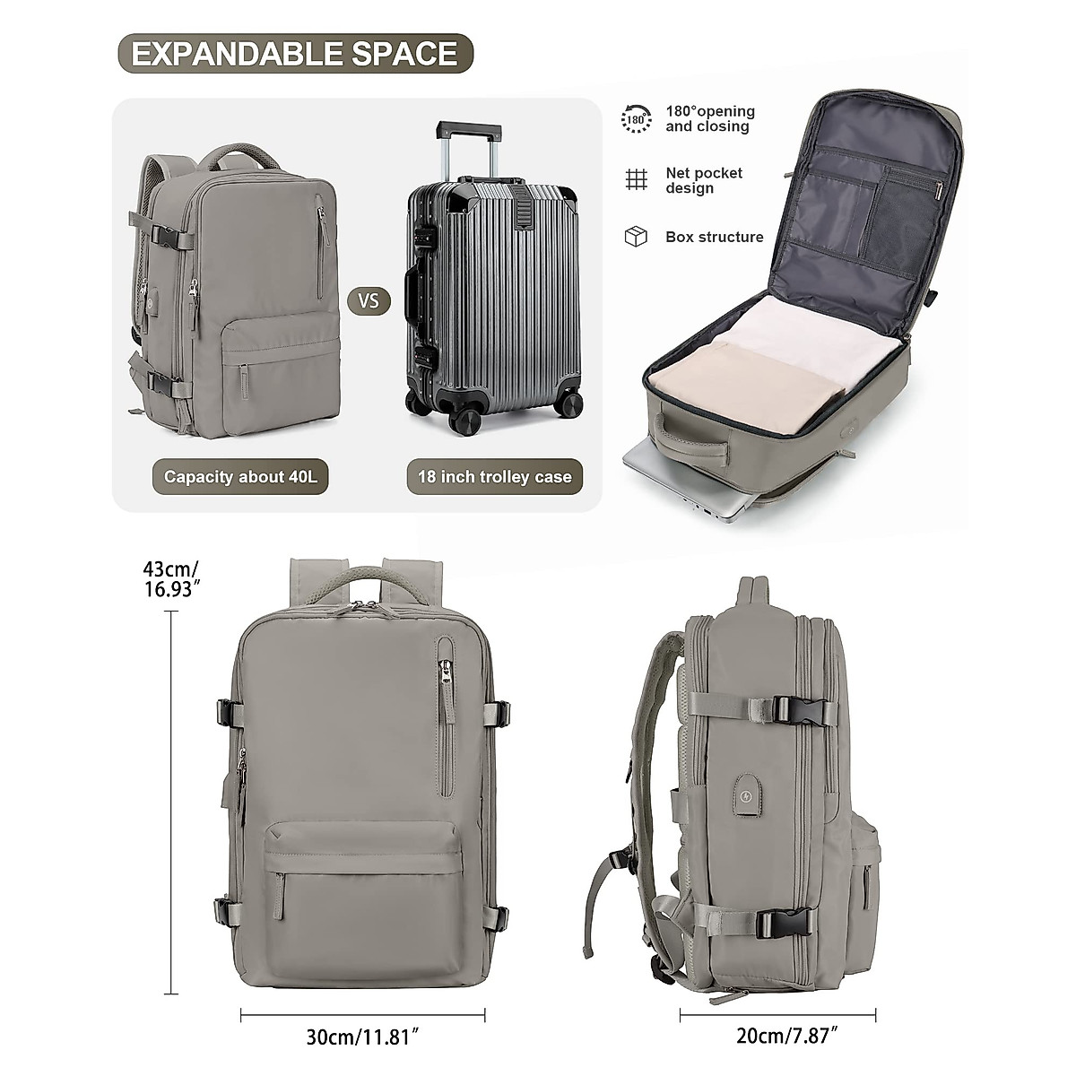 VGCUB Large Travel Backpack,Carry on Backpack for Women Men Airline Approved Gym Backpack Waterproof Business Laptop Daypack,White Brown