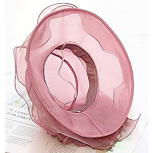 ELLYDOOR Fascinator Wedding Derby Hats for Women Bridal Organza Church Tea Party Hat Wide Brim Sun Hat (Pink)