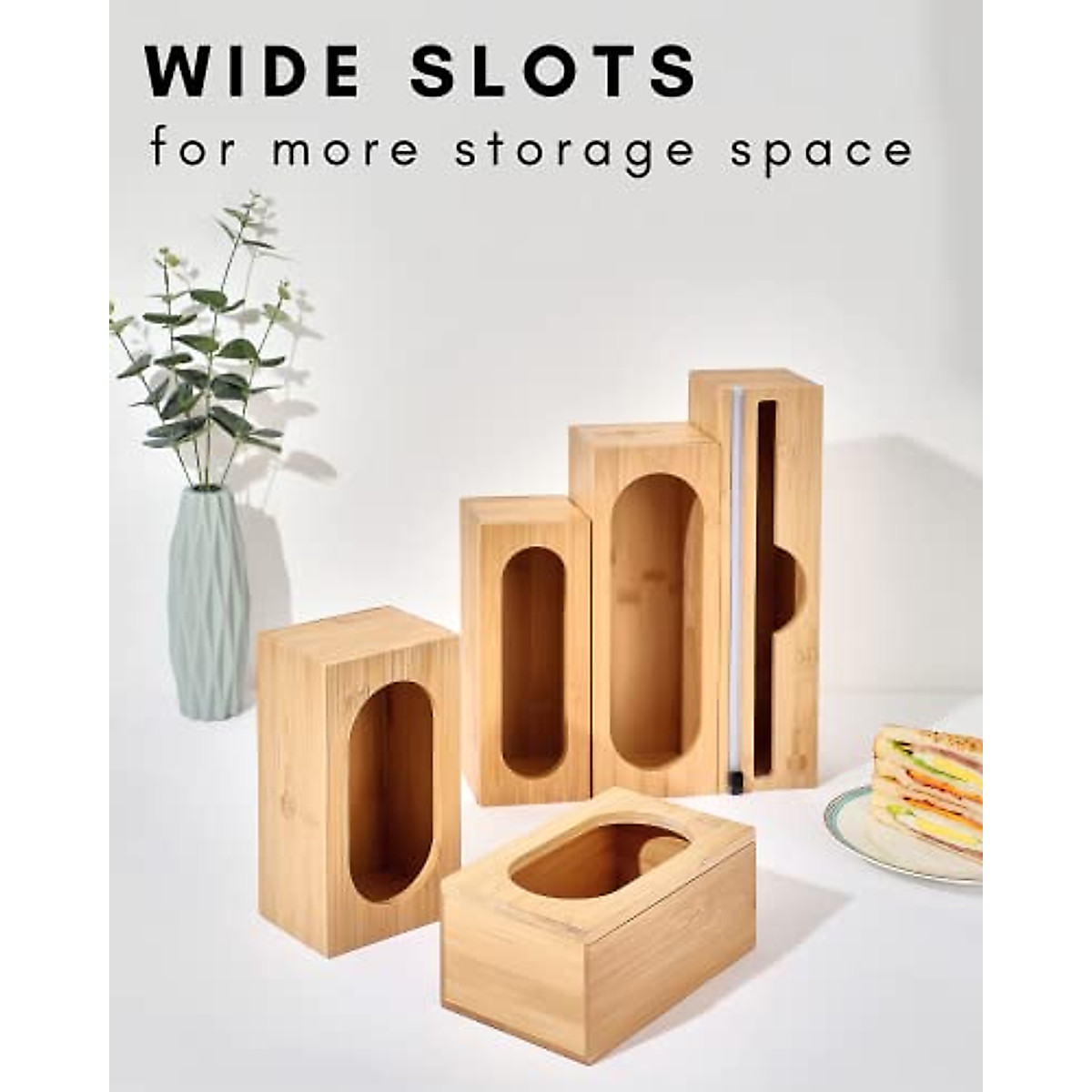 KUNABOO Bamboo Storage Bags Organizer, 5 Boxes Set Drawer Organizer for Plastic Storage Bags and Foil Plastic Wrap Cutter Dispenser (FSC Certified eco-Friendly Bamboo), Sandwich Bag Organizer