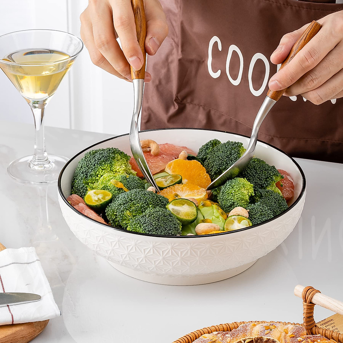 JH JIEMEI HOME 9inch Bowls Set Pasta Bowls, Large Salad Serving Bowls, Ceramic Bowls set for Kitchen, Deep Large Bowls set, Microwave & Dishwasher Safe (Black ring)