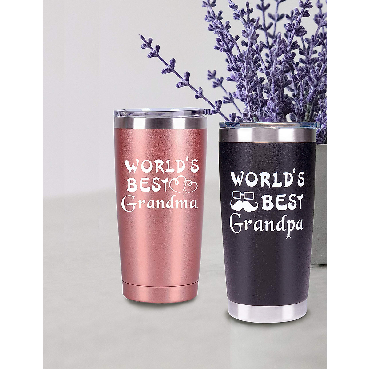 EBE EmmasbyEmma Stainless Steel Grandparents Gift Set, 20 oz Tumbler for Grandma & Grandpa, Rose Gold & Black, Includes Straw & Brush