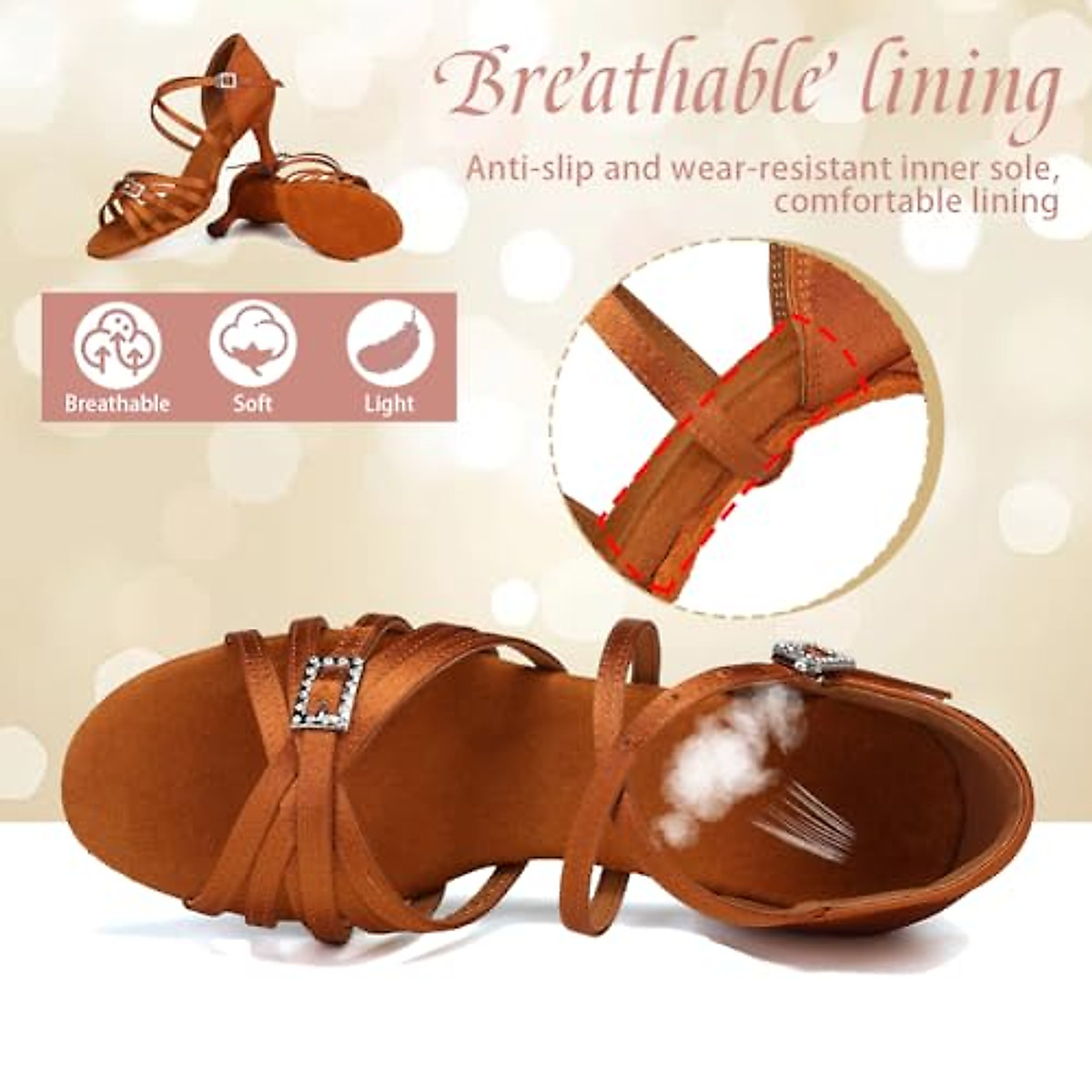 JUODVMP Women's Latin Dance Shoes Brown Satin Open Toe 3 inch Heel Ballroom Salsa Dance Sandals with Suede Sole,7.5US