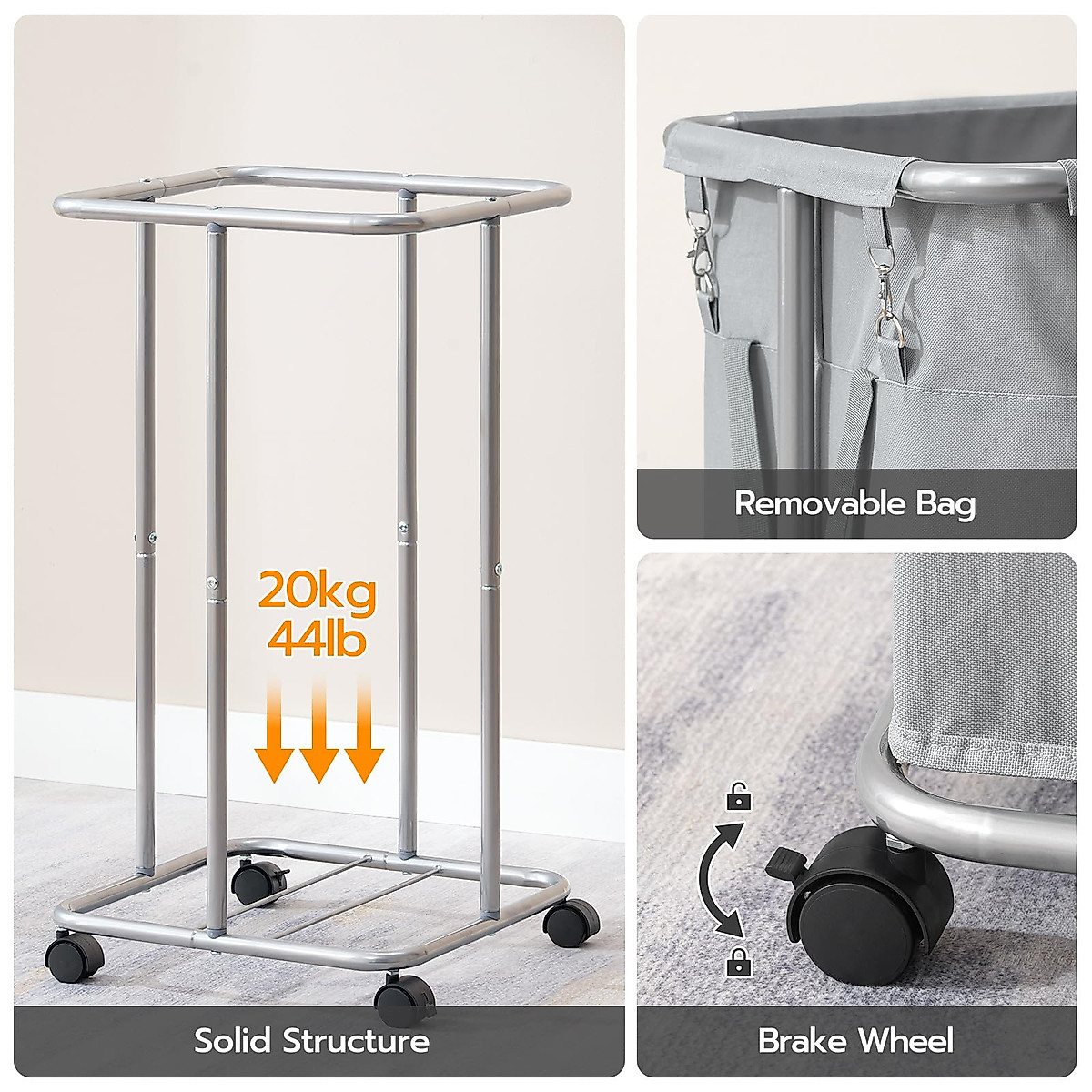 HOOBRO Laundry Basket with Wheels, 30 Gallons (114 L) Rolling Laundry Hamper, Narrow Slim Laundry Sorter with Removable Oxford Fabric Bag, Laundry Room, Dorm Room, Bedroom, Gray and Silver SG06XY01