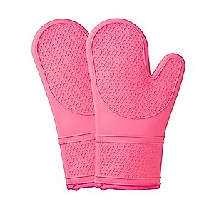 COOK WITH COLOR Silicone Oven Mitts- Heat Resistant Gloves with Soft Quilted Lining Oven Mitt Pot Holders for Cooking and BBQ, Pink, Oven Mitt