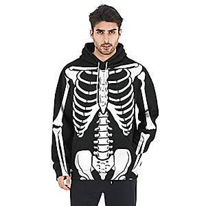 Belovecol Skeleton Halloween Hoodie for Men White Bone Print Pullover Shirts Cool Graphic 3D Hooded Sweatshirts with Drawstring M