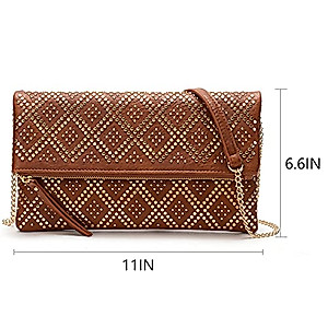 NOL Natural Organic Lifestyle Women Crossbody Bag Shoulder Handbag Evening Clutch Purse with Studs Chaine Strap (Brown)