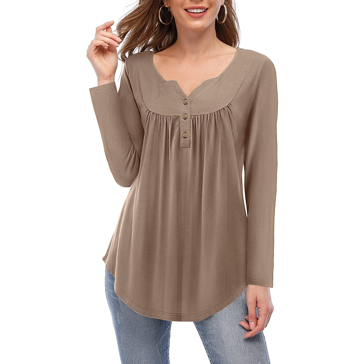 Beauhuty Womens Long Sleeve Tops Casual Henley V-Neck Loose Fit Pleated Tunic Shirt Blouses (Long-Light Coffee,S)