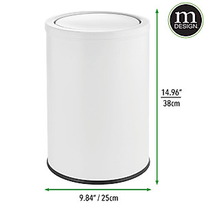 mDesign Small Round Metal 4.8 Gallon Covered Bathroom Garbage Swing Lid Trash Can Waste Basket Bin for Bathroom, Bedroom, Kitchen, Craft Room, Office, Laundry Room, Garage - White