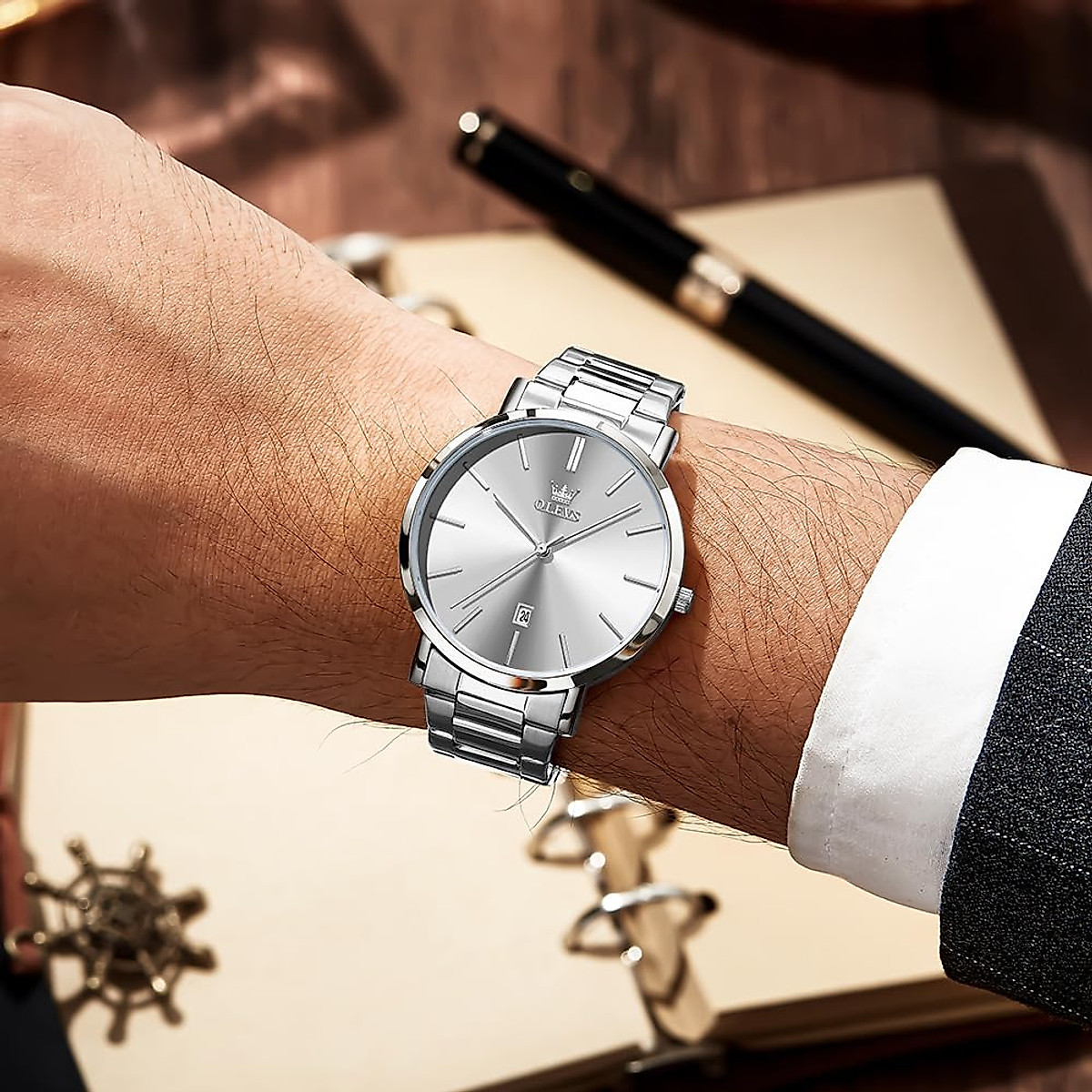 OLEVS Silver Watches for Men Dress Analog Quartz Waterproof Watch Stainless Steel Date Business Luxury Casual Wrist Watches White