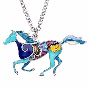 BONSNY Enamel Running Horse Necklace Pendant Chain Zinc Alloy Animal Lovers Design 18" (Blue)