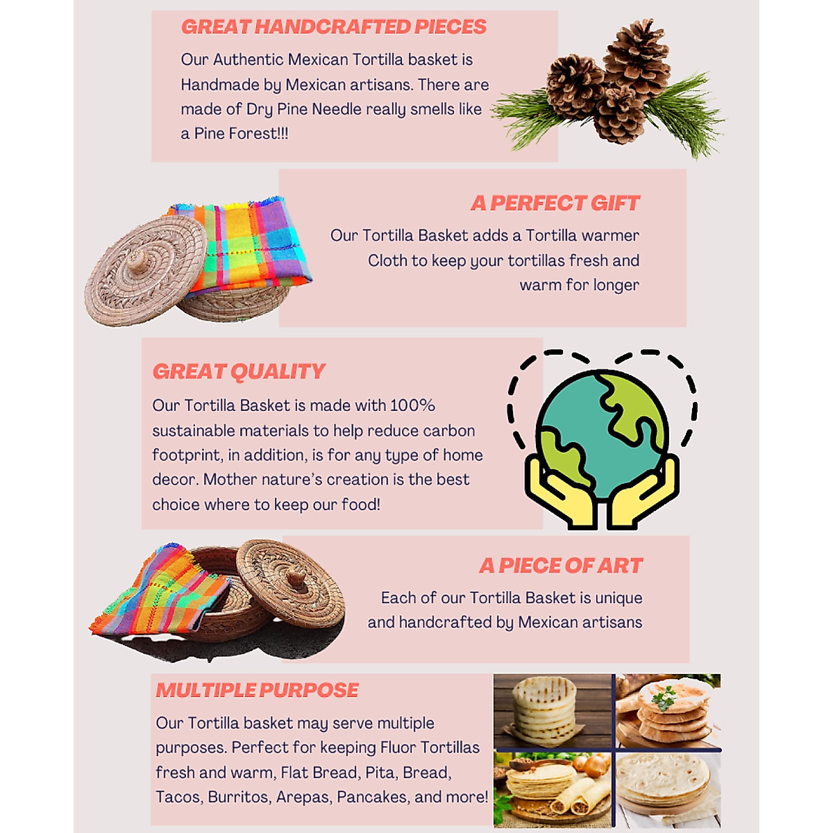 MEXTEQUIL - Authentic Mexican Tortilla Warmer Basket - Pine Needle Handwoven with Handloomed Cloth (Natural 7" w cloth)