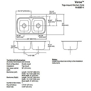KOHLER 5267-1-NA Verse 33" X 22" X 9-1/4" Top-Mount Double-Equal Bowl Kitchen Sink With Single Faucet Hole, Stainless Steel