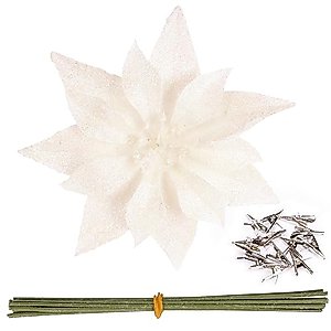 CEWOR 12 Pcs Christmas Tree Decor Flowers Glitter Artificial Poinsettia Flowers with Clips and Stems for Xmas Wedding Party Wreaths Decorations, 6.7 Inch (White)