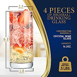 NutriChef 14.2oz Highball Drinking Glasses - Set of 2 Heavy Base Tall Tumbler Clear Glassware for Water, Wine, Beer, Liquor, Gin, Cocktail, Whiskey, Juice, Iced Coffee, Mixed Drinks, Dishwasher Safe