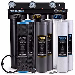 PRO+AQUA Elite Series GEN2 PRO-100-E 3-Stage Whole House Water Filtration System for City & Well Water with Pressure Gauges | Removes 99% of Chlorine, VOCs, Odors & Contaminants with Extra Filter Set