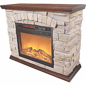 Lifesmart Large Square Infrared Faux Stone Fireplace, Fake Fireplace Heater with Mantel and Adjustable Settings for Living Room, Bedroom