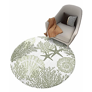 Sage Green Shell Fluffy Round Area Rug Carpets 3.3ft, Plush Shaggy Carpet Soft Circular Rugs, Non-Slip Fuzzy Accent Floor Mat for Living Room Bedroom Nursery Ocean Nautical Starfish Abstract Geometric