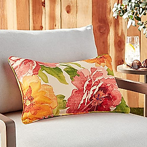 Pillow Perfect Bright Floral Indoor/Outdoor Accent Throw Pillow, Plush Fill, Weather, and Fade Resistant, Lumbar - 11.5" x 18.5" , Green/Orange Muree, 2 Count