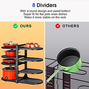 Pots and Pans Organizer for Cabinet, 8 Tier Snap-on and Adjustable Pan Organizer Rack for Under Cabinet, Pot Organizer for Kitchen Storage, Pot Lid Organizer with Panels (8 Tier, Round)