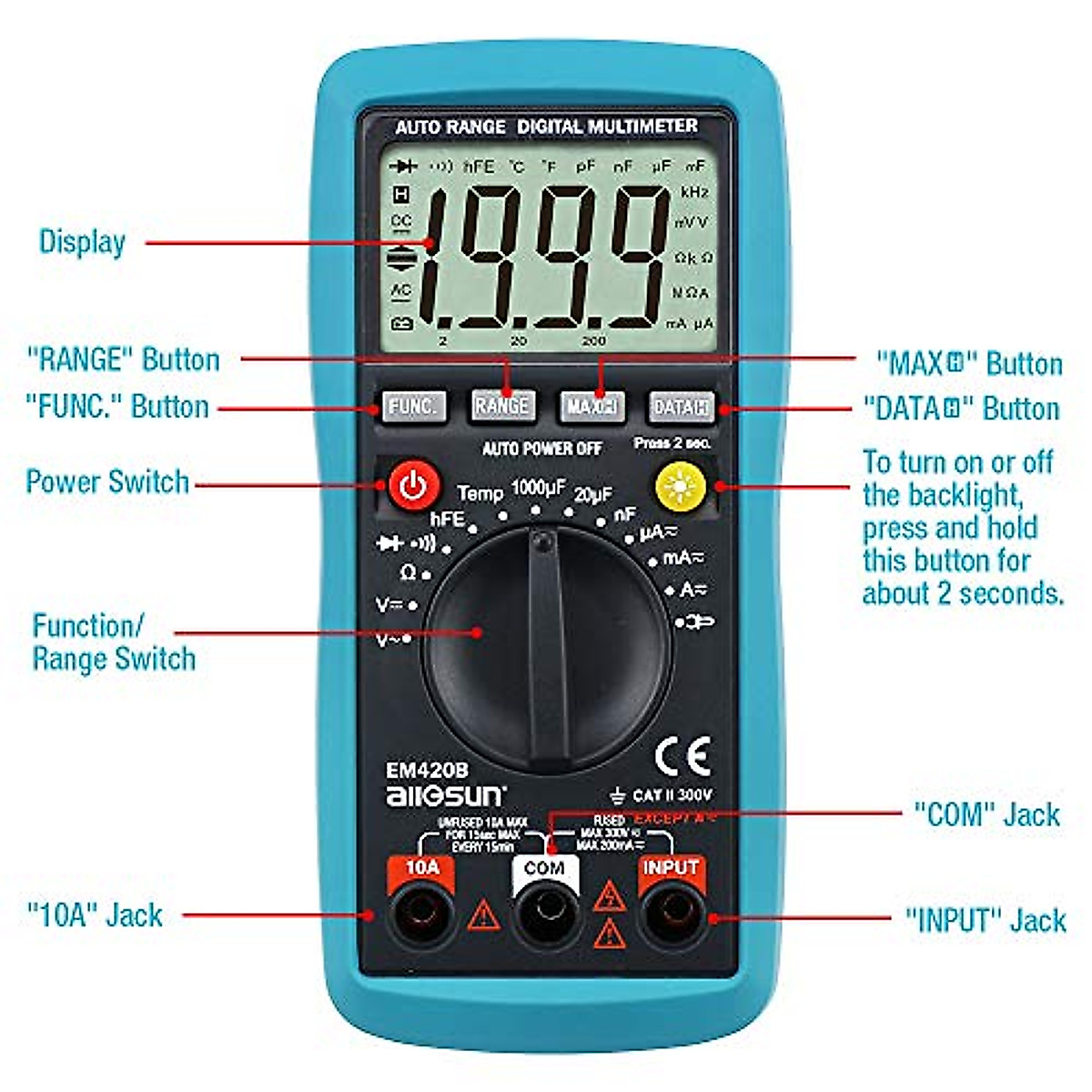 allsun Auto-Ranging Digital Multimeter Capacitance Test Multi Tester Electrical Test Tools AC DC Amp Volt Temp OHM DMM Auto Power Off Backlight Max.Reading 1999 EM420B