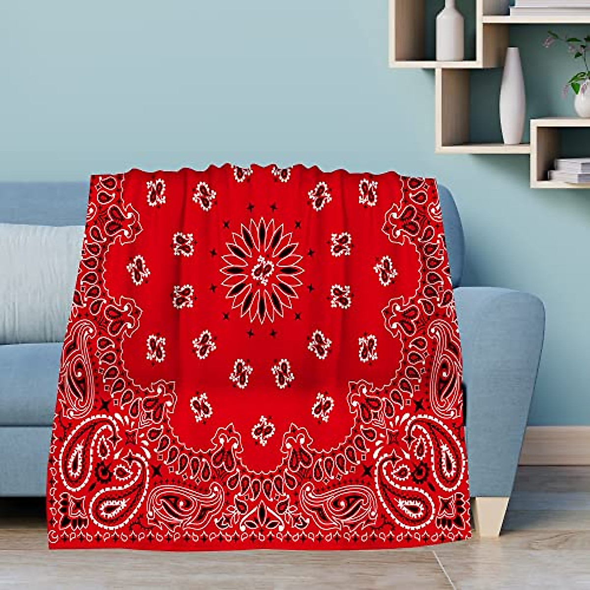 Kamoxi Red Bandana Print Throw Blankets Retro Paisley Flowers Floral Fleece Flannel Blanket for Sofa Bed Chair Couch Decor Novelty Soft Fluffy Plush Bedding Air Conditioning Blanket 50"x40"