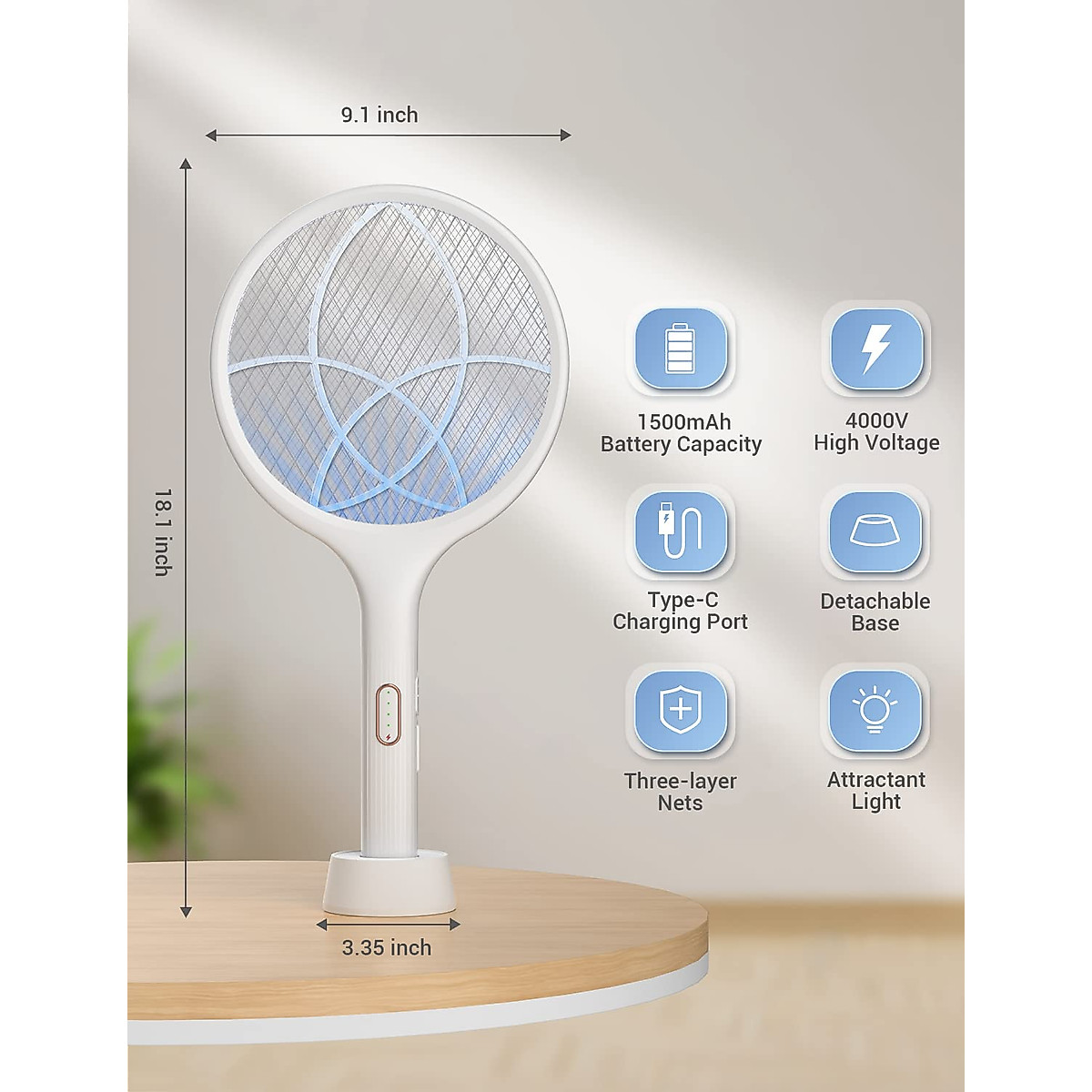 YISSVIC Electric Fly Swatter 4000V Bug Zapper Racket Dual Modes Mosquito Killer with Purple Mosquito Light Rechargeable for Indoor Home Office Backyard Patio Camping