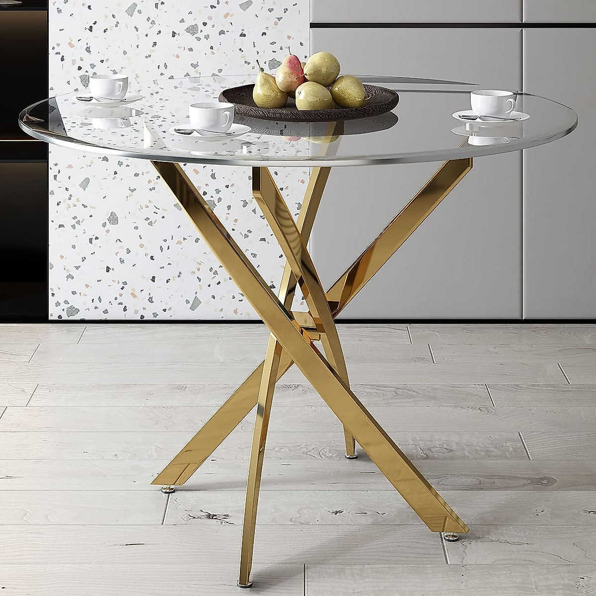 Goderfuu 36 inch Round Dining Table, Modern Dining Room Table with Gold Stainless Steel Base, Circle Tempered Glass Dining Table for 4, Small Dining Table Contemporary Kitchen Table Dinner Table
