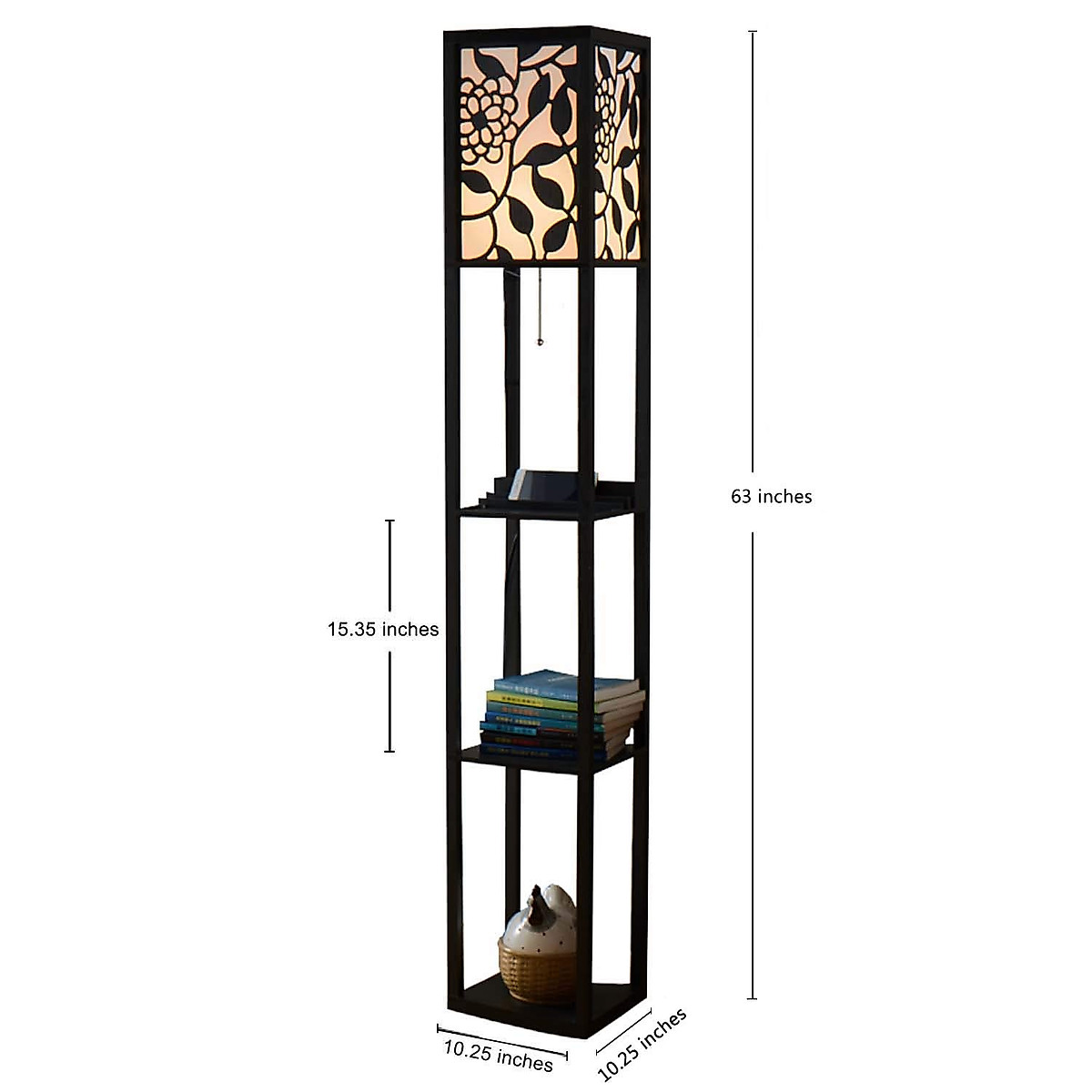 Floor Lamp with Shelves -Shelf Floor Lamp with 2 USB Charging Ports & Electric Outlet - Tall & Narrow Tower Nightstand for Living Room & Bedroom - Modern, Asian End Table with Light Attached