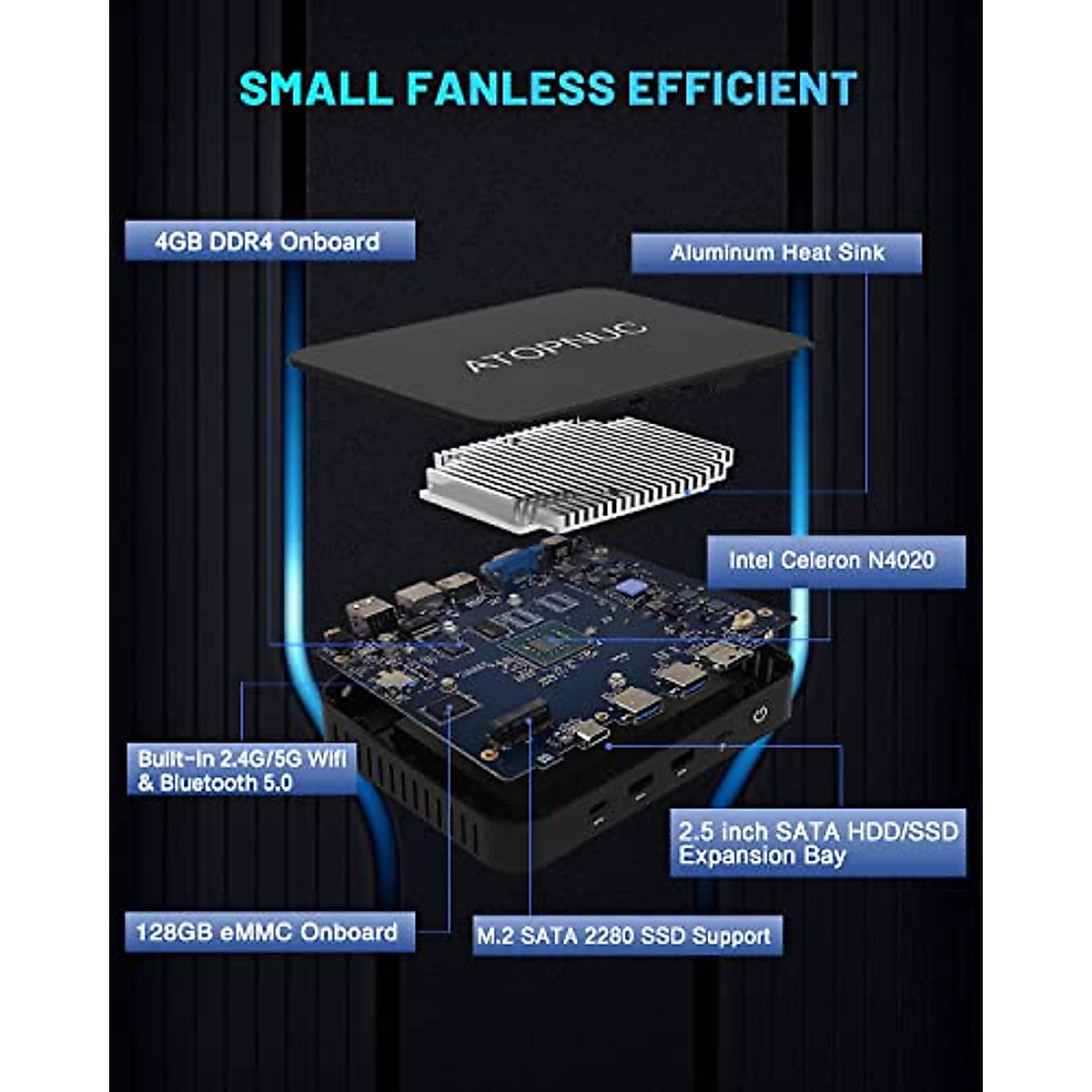 ATOPNUC Mini PC Intel Celeron N4020 Mini Desktop Computers, Micro Computer Support M.2 SATA SSD/2.5-inch SSD,4K HD,Dual WiFi, BT5.0 for Business Home Office N4020 4GB+128GB / Windows 10 Pro