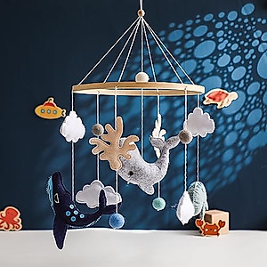 Montessori Baby Mobile for Crib | Ocean Animals Crib Mobile | Woodland Nursery Decor Soothe Toys for Ceiling Hanging | Felt Ball Sea Blue Whale, White Clouds | Baby Shower for Boys Girls Gifts