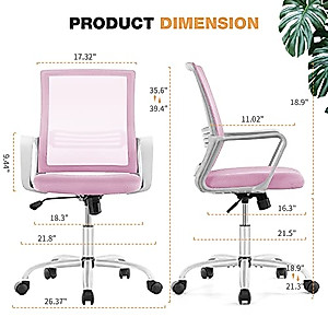 JHK Ergonomic Pink, Home Office Desk Lumbar Support Armrests, Mid Back Mesh Rolling Swivel Chair with Wheels for Adults