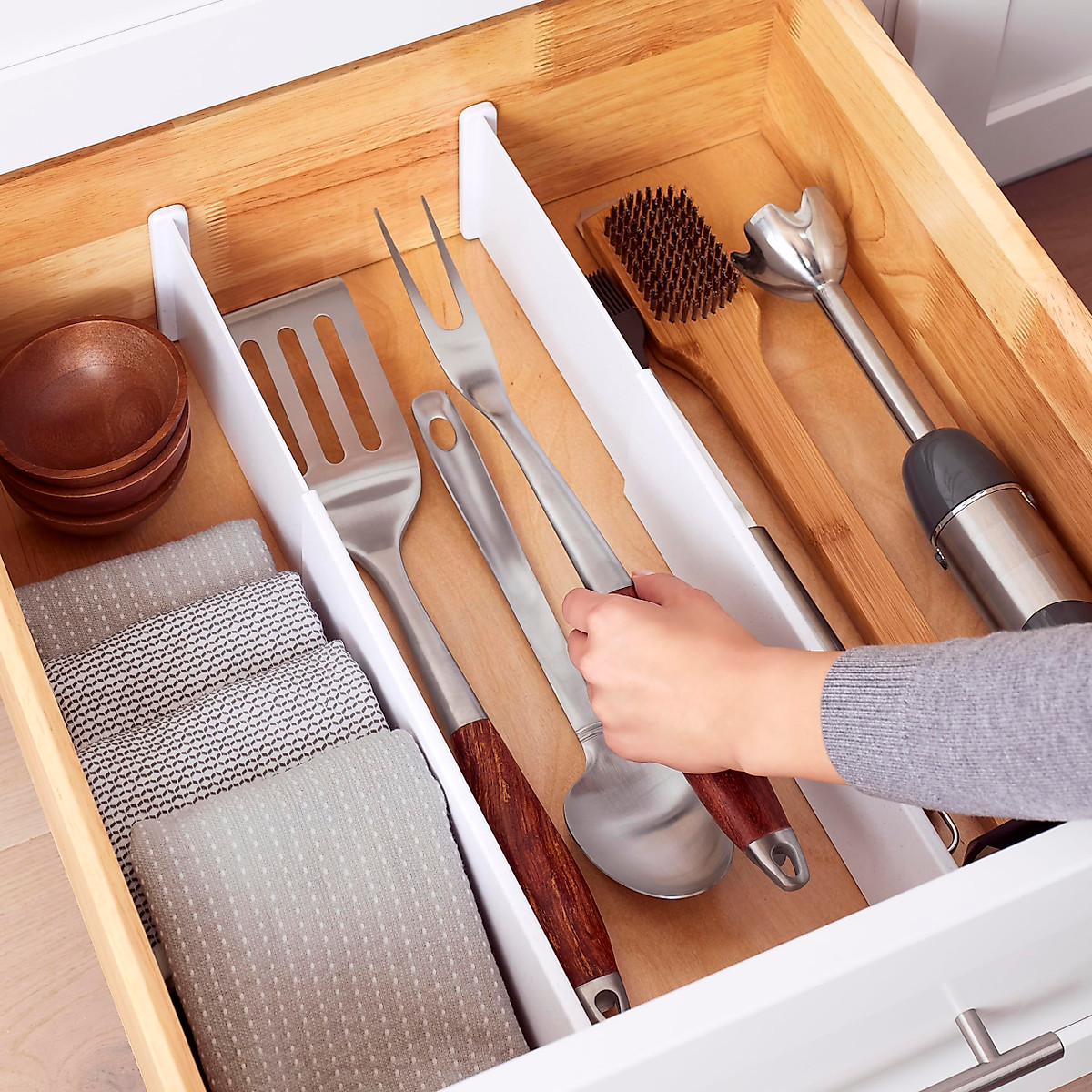 YouCopia Drawer Dividers, Extra Long Adjustable Kitchen Organizers for Utensil and Tool Storage, Expands 13" to 24", Deep Height, 2-Pack, Speckled White