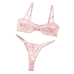 Lilosy Sexy Cute Underwire Push Up Strappy Heart Embroidered Mesh Sheer Lingerie Set for Women See Through Bra and Panty 2 Piece Pink X-Small