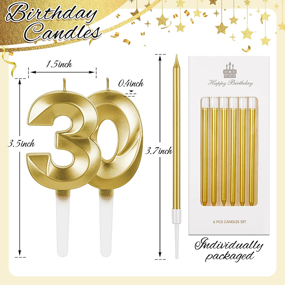 Mtlee Birthday Candles Set for Cakes Including 6 Long Thin Metallic Birthday Candles and Number Birthday Candles for Anniversary Celebration Party Topper Decorations Men Women (Gold,30)