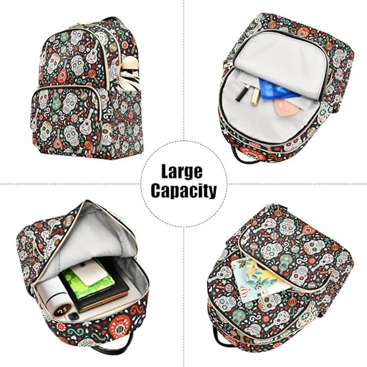 Yasala Halloween Women Backpack Tribal Sugar Skull Guitar Travel Bag Compact Daily Bag Diaper Bag