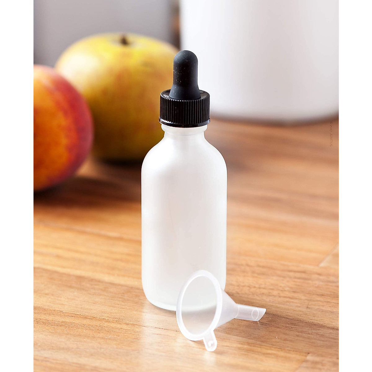 JUVITUS 2 oz / 60 ml Frosted Clear Glass Boston Round Bottle with Graduated Measurement Black Dropper (12 pack) + Funnel