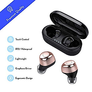 KNZ True Wireless Earbuds Bluetooth 5.0, IPX7 Waterproof, Touch Control, HD Sound, Magnetic Charging case, Built-in Microphone, Stereo Talk, 60-Foot Wireless Range (Rose Gold)