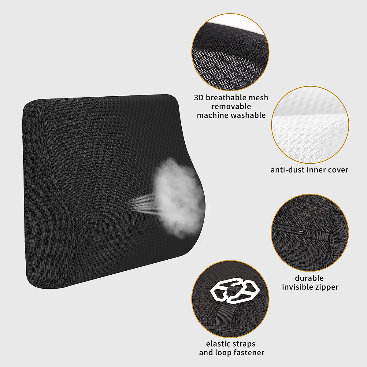 TISHIJIE Memory Foam Lumbar Support Pillow for Car - Mid/Lower Back Support Cushion for Car Seat (Black)