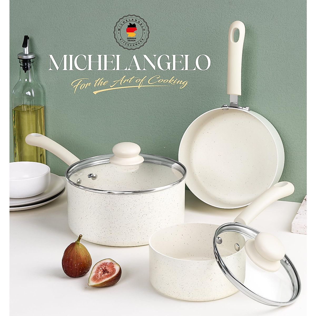 MICHELANGELO Sauce Pan With Lid, Granite Nonstick Saucepans Set, 1QT&2QT&3QT Saucepan With Lid, Multipurpose Cooking Pots, White