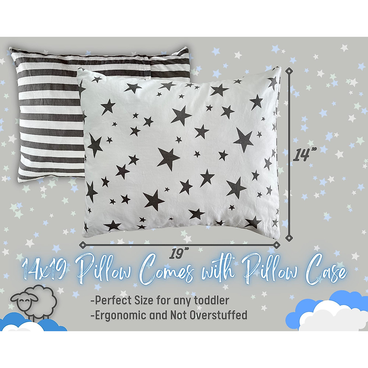 Tilly&Scotty Toddler Pillows-Stars & Stripes-14x19 Plush Filled Pillow-Super Soft Organic Cotton Pillowcase-Machine Washable Hypoallergenic-2-8 Year Old Children, Toddlers, Baby, Travel-Bedding