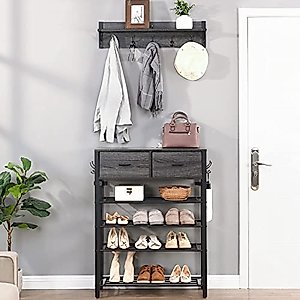 DKLGG Metal Shoe Rack with Coat Rack, Industrial 4-Tier Shoe Storage Organizer with Drawers for 12 Pairs, Shoe Shelf with Hooks & Adjustable Feet, Free Standing Shoe Racks for Entryway, Hallway(Black)