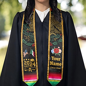 Mexico Graduation Stole Customize, Custom Mexican American Flag Graduation Sash 2024, Mexican Graduation Sash 12