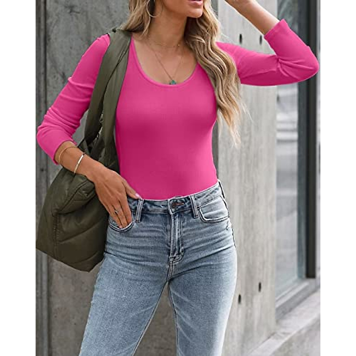 VICHYIE Fall Women's Square Neck Long Sleeve Shirts Scoop Ribbed Henley Tee Slim Fitted Casual Basic Tshirts Top Blouses Hot Pink L