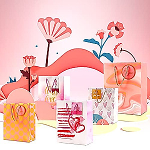 MAMUNU 5 Pack Gift Bags Medium Size, Pink paper Bag with Dot, Love, Heart Pattern, Party Favor Bags Bulk with Handles for Valentine's Day, Wedding, Mother's Day, Birthday, Anniversary, Baby Shower Goodie Bags, 9.8 x 7.9 x 3.9 Inch
