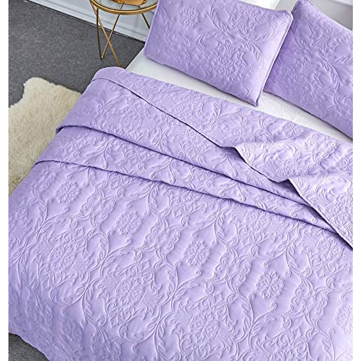 Sophia and William 3 Pieces Quilt Set Queen/Full Size with 1 Quilt and 2 Pillow Shams, Reversible Microfiber Bedding Bedspread Coverlet Set, Cozy, Lightweight and Hypoallergenic, Purple