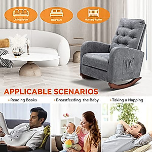 cinkehome Modern Accent Rocking Nursery Chair-Upholstered Rocker Glider Chair for Baby and Kids-Mid Century Tall Back Armchair with Solid Wood Legs-Living Room-Bedroom-Cotton Dark Gray