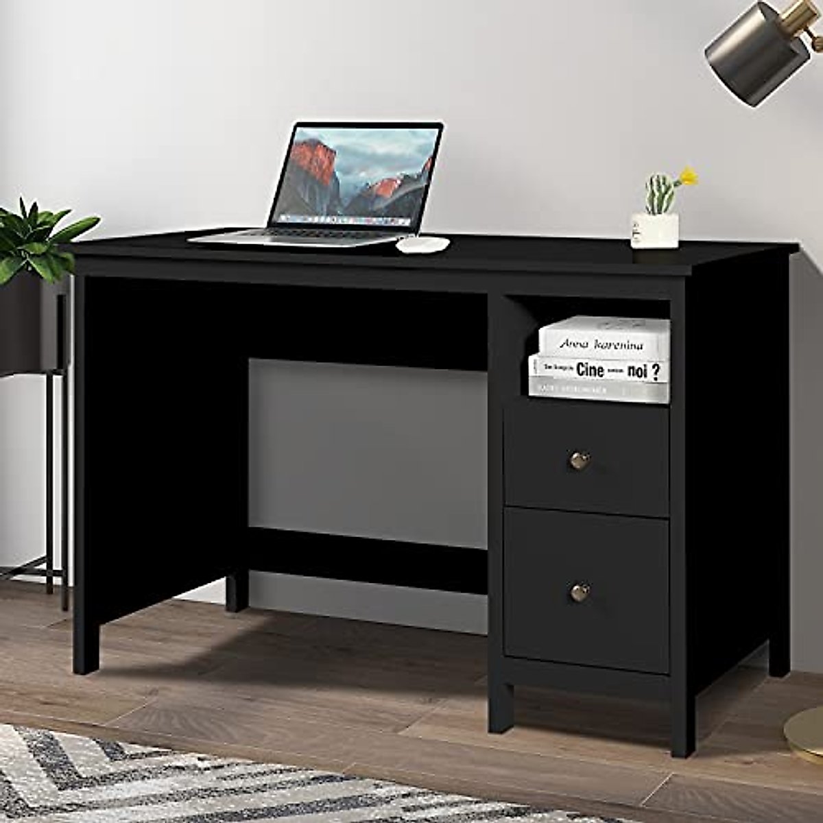 Vikiullf Writing Desk with Storage Cabinet - 47.2” Black Modern Wood Home Office Computer Desk with 2 File Drawers & Open Shelf Study Table for Teens
