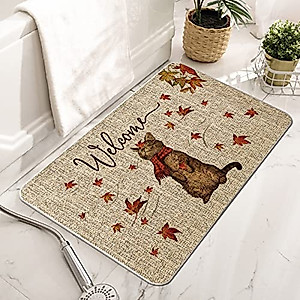GAGEC Fall Welcome Door Mat Cat Outdoor Rug Maple Leaf Doormat Entrance Rugs Autumn Farmhouse Home Kitchen Bathroom Decorations Floor Front Door Mats 17 x 27 Inch